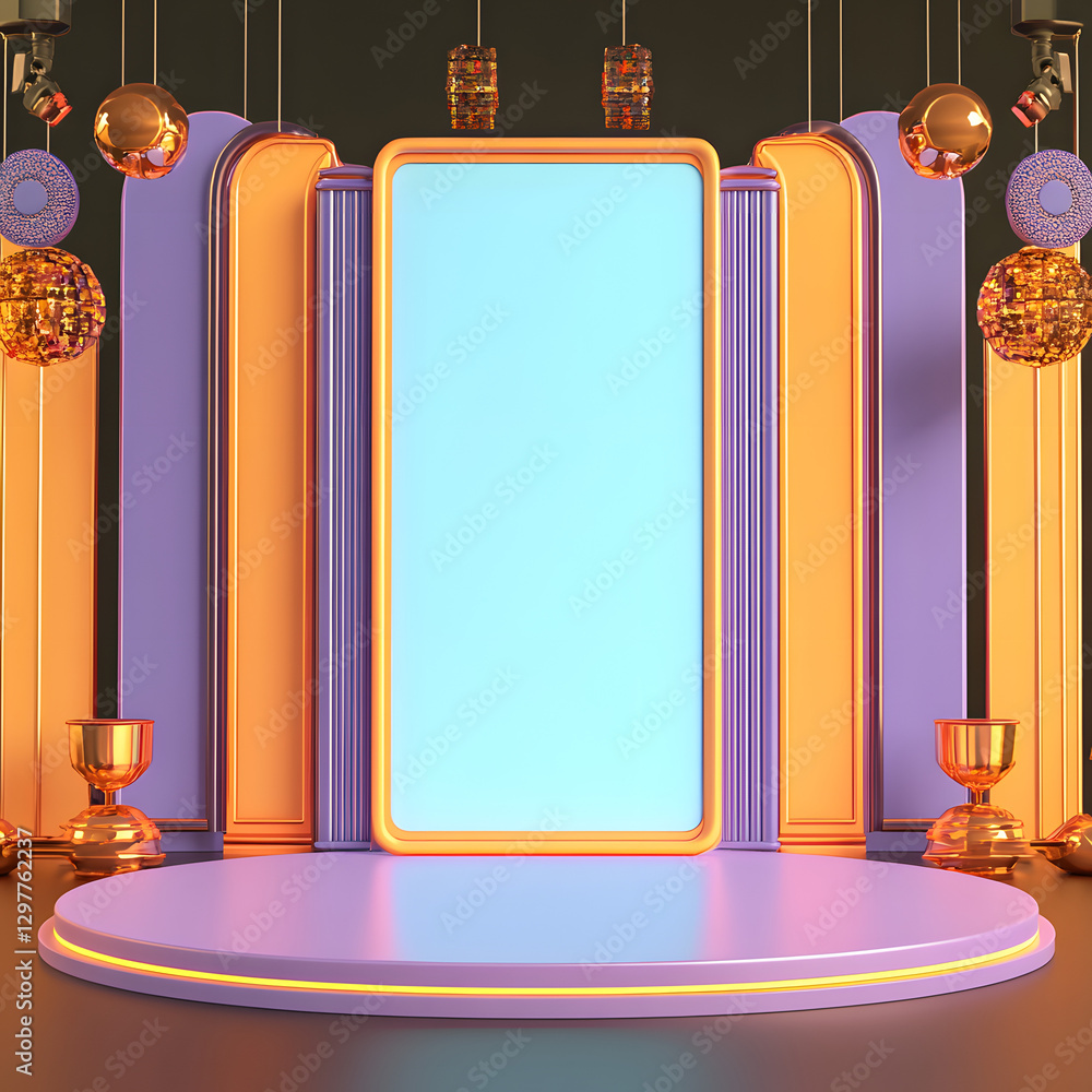 3d stylized simple game show stage, with large vertical screen in the ...