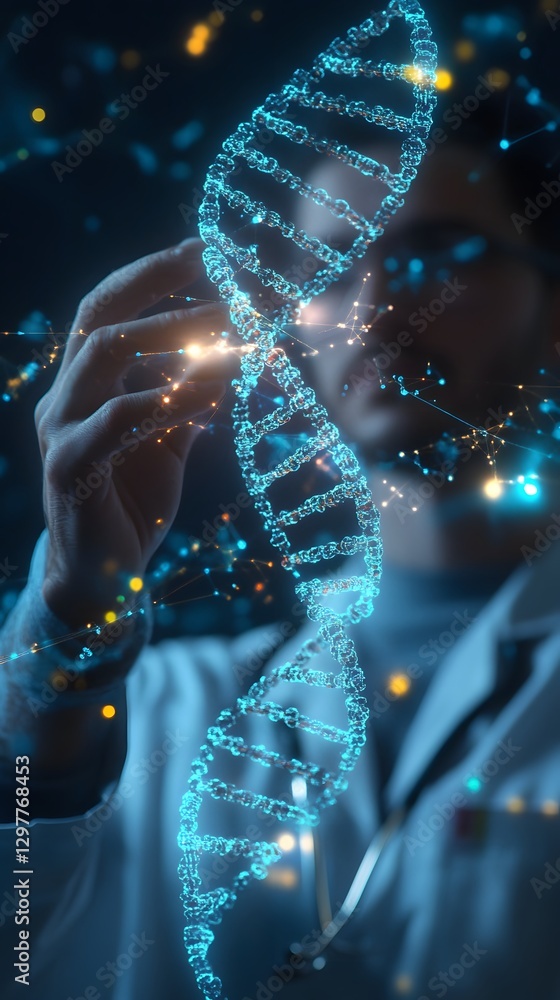 72. A patient examines a 3D floating DNA model while a doctor uses AI ...