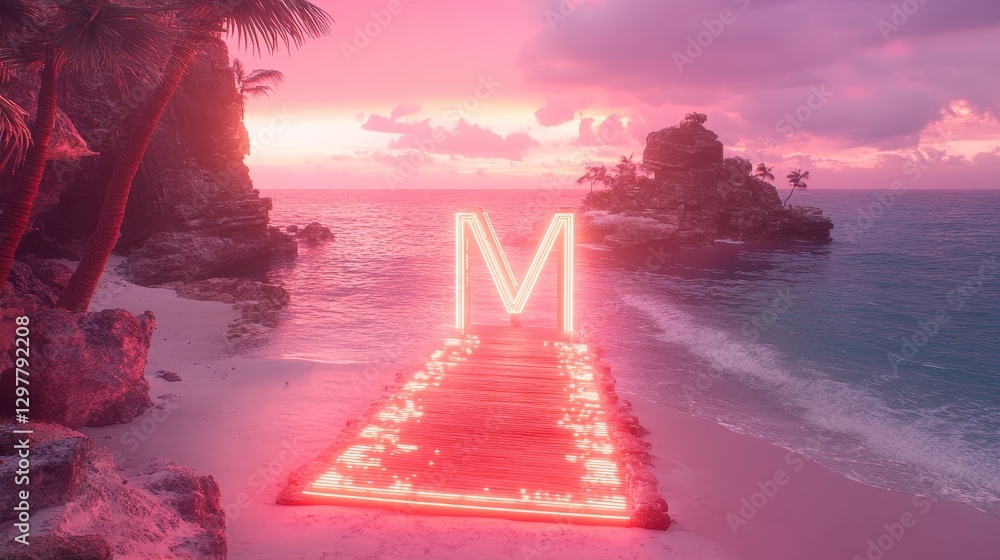 Illuminated letter M portal on a dreamlike tropical beach sunset ...