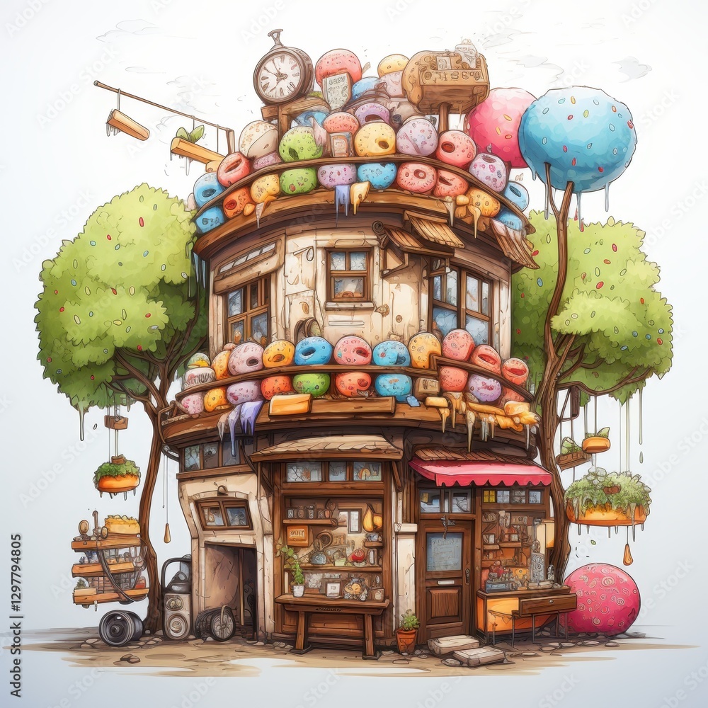 House with various objects and items placed on top of its roof in a ...
