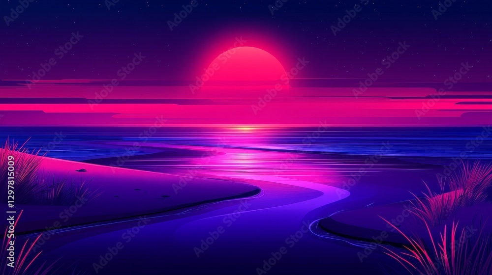 Retro synthwave sunset ocean landscape evokes vintage arcade game ...