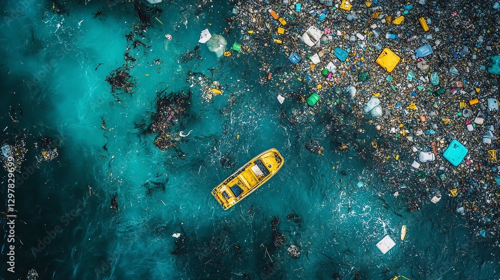 Aerial view of the polluted ocean, plastic waste and debris floating on ...