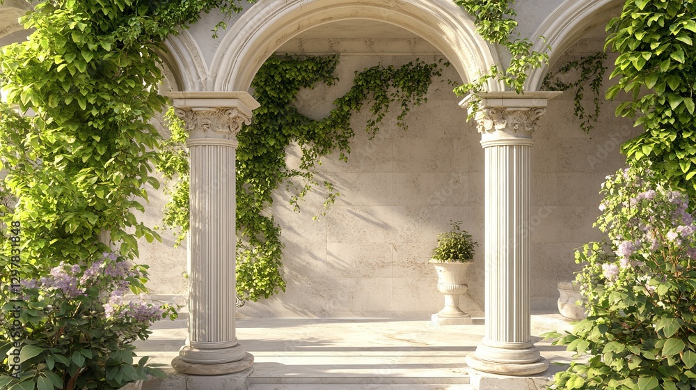 Elegant Greek-style arch pillars adorned with lush ivy vines. These ...