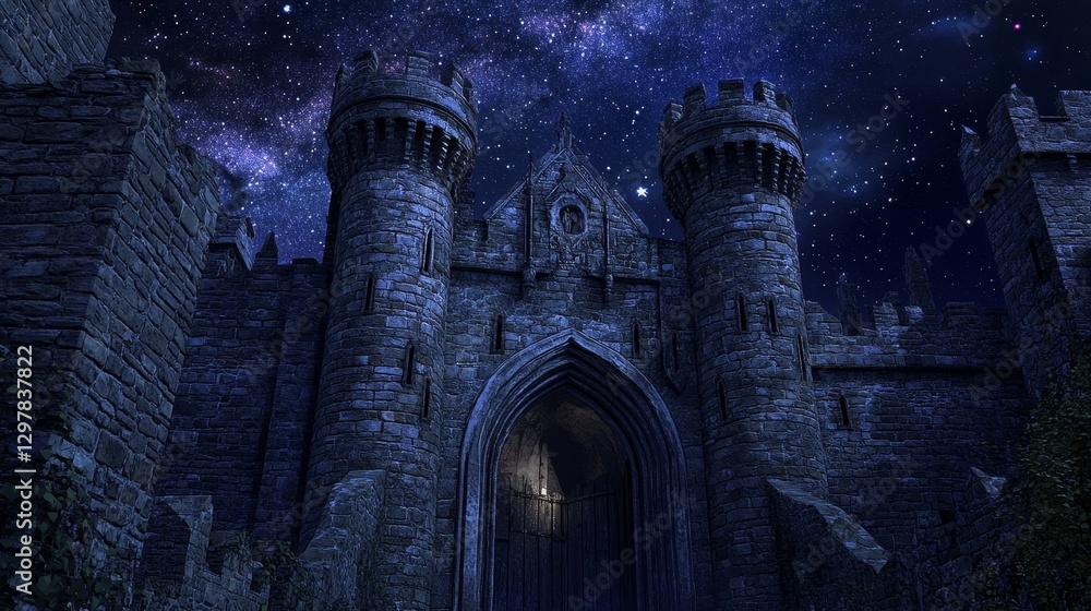 Medieval castle facade with stone halls, arches and towers under a ...