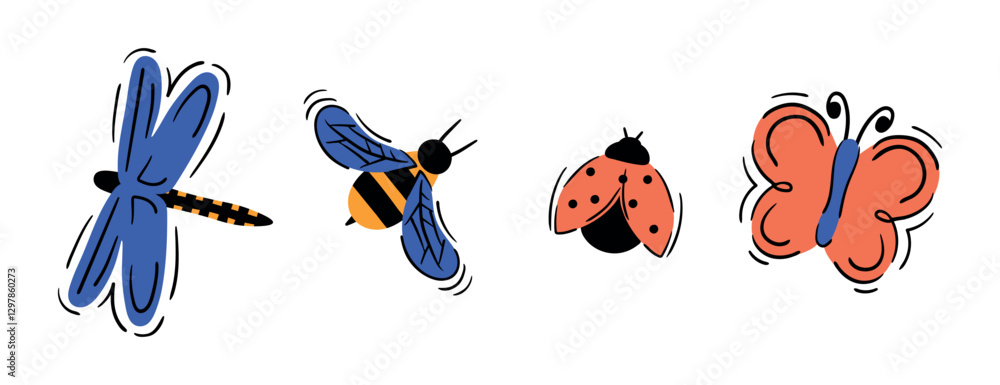 Set of insects in doodle style. Hand drawn butterfly, dragonfly, bee ...