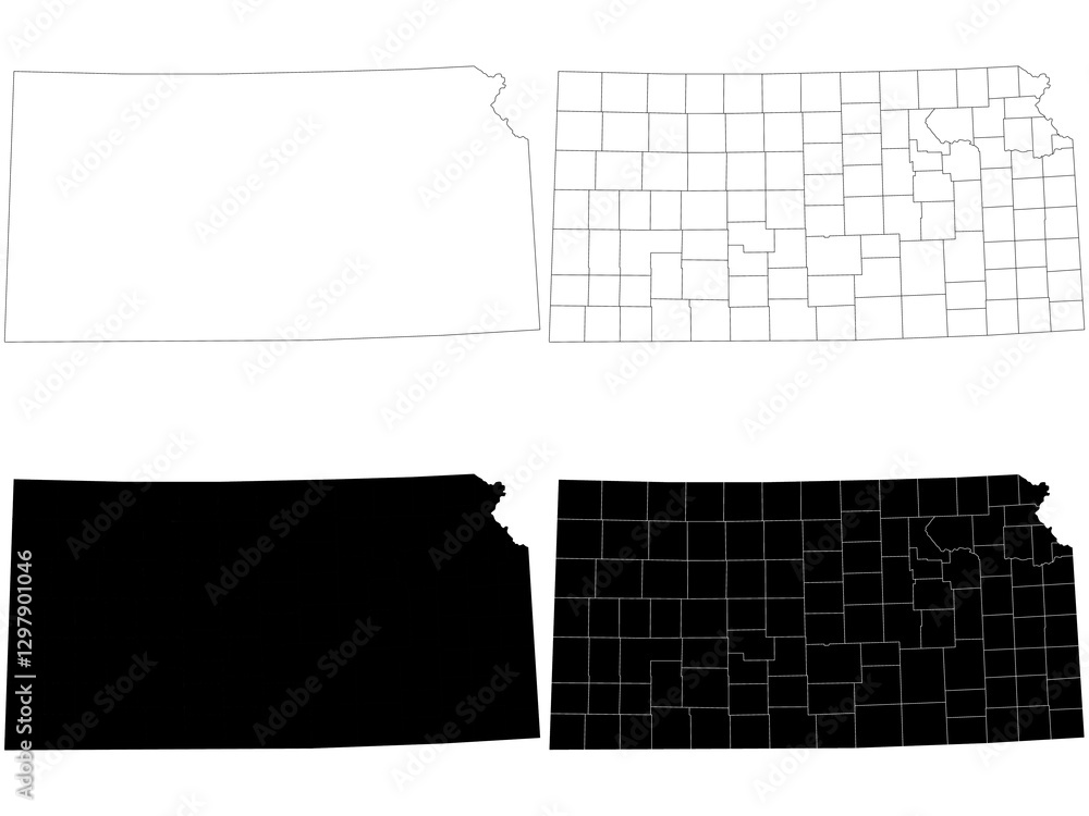 Kansas administrative map, Kansas outline and counties state map set ...