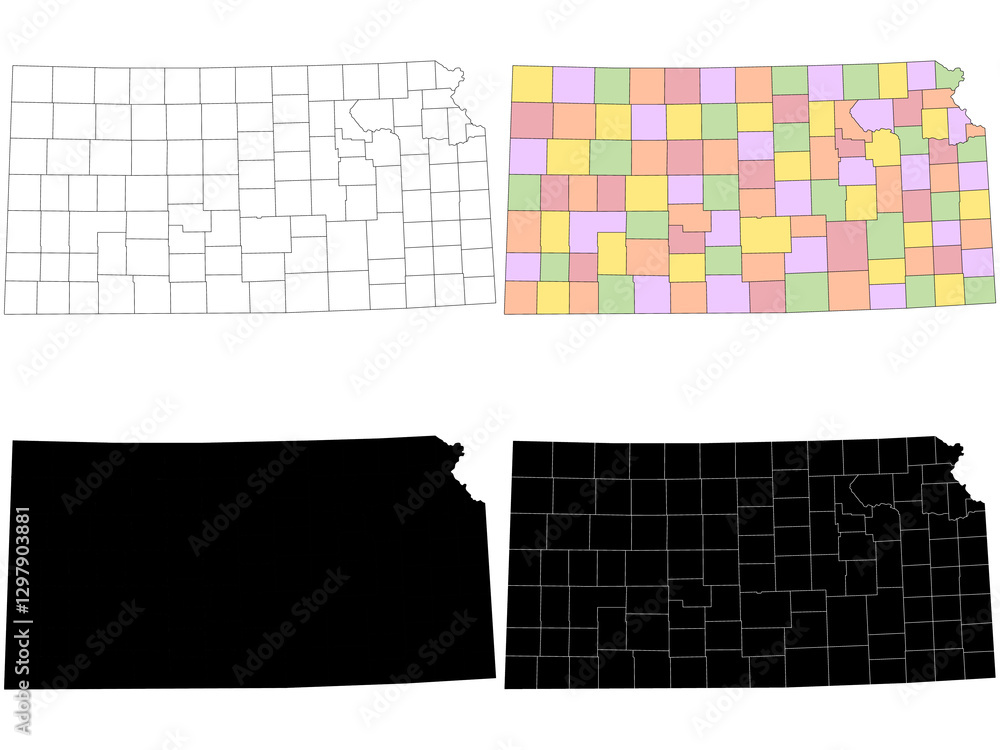 Kansas administrative map, Kansas outline and counties state map set ...