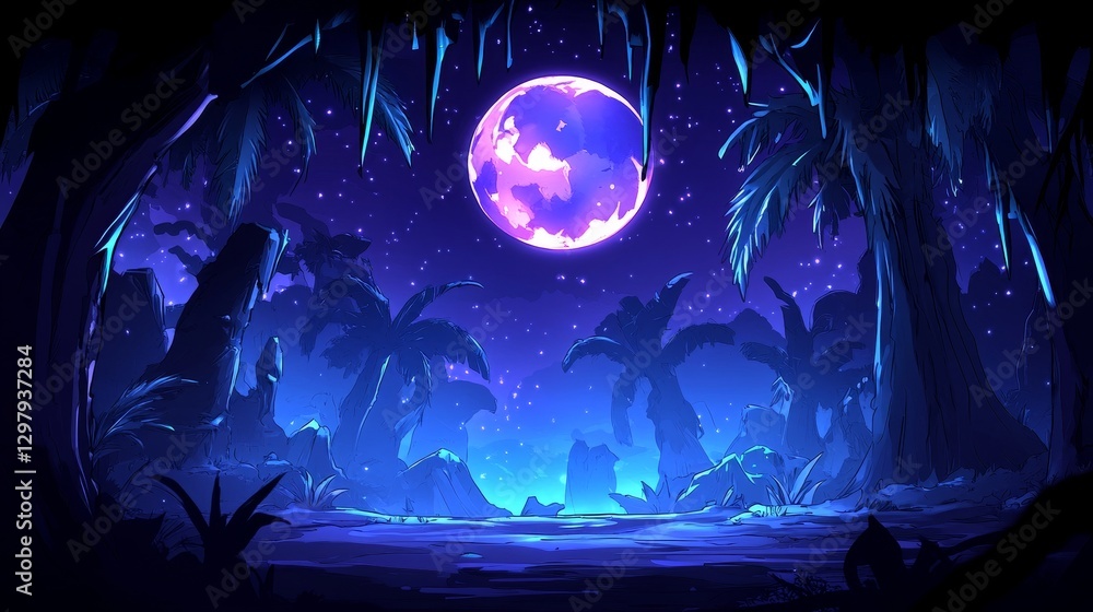 Pixelated dreamy lunar landscape pixel art style fantasy moonlit woods ...