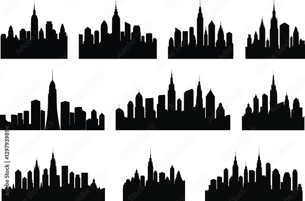 City skyline and skyscraper silhouette vectors. Silhouettes of ...