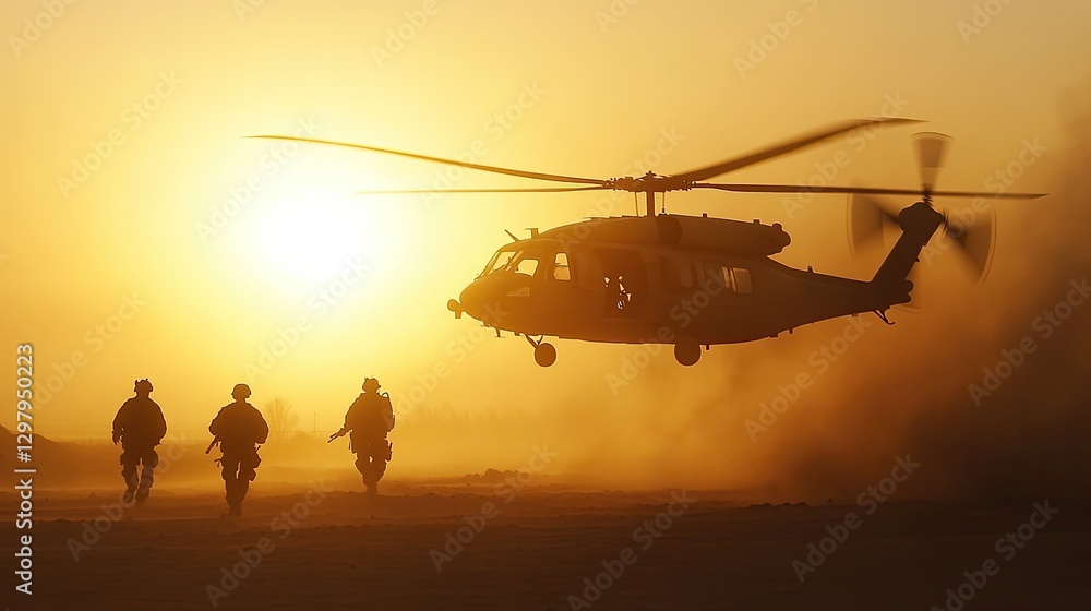 Dust flies as a military helicopter lands in Iraq at sunset, Green ...