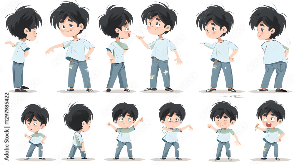Cartoon boy character constructor set in different poses, front, back ...