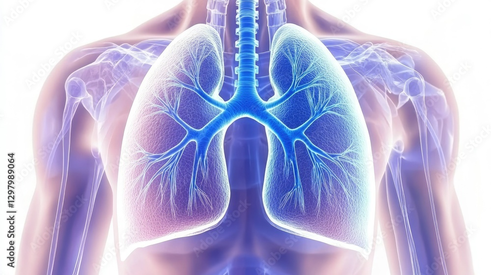 Human respiratory system illustration, labeled lungs, trachea, bronchi ...