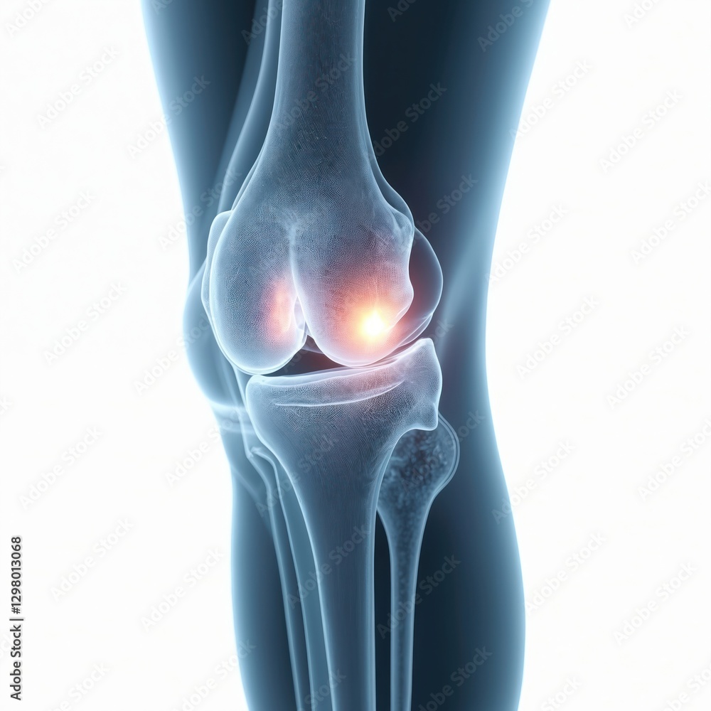 X-ray of human knee joint, transparent leg bone anatomy. Highlighted ...