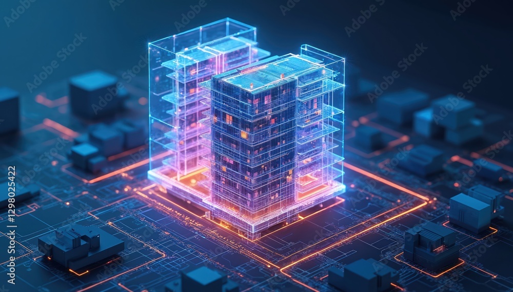 Digital blueprint of office building with holographic elements ...