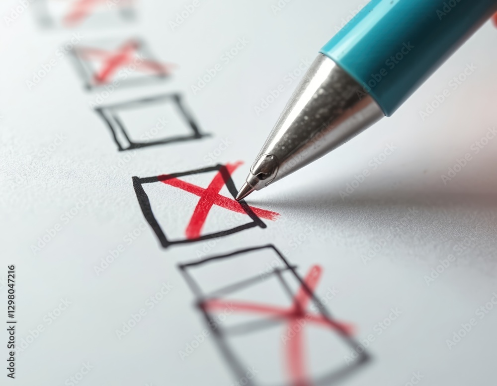 Ballpoint pen marks checklist items with red X on white paper. Boxes ...