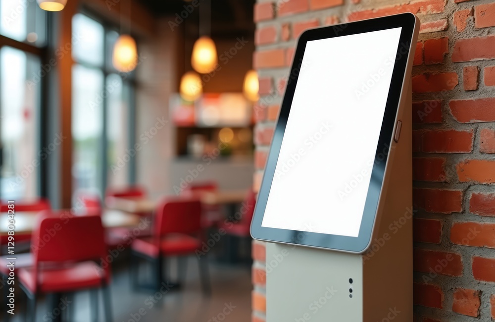 Blank display of self-service touchscreen in fast food restaurant ...
