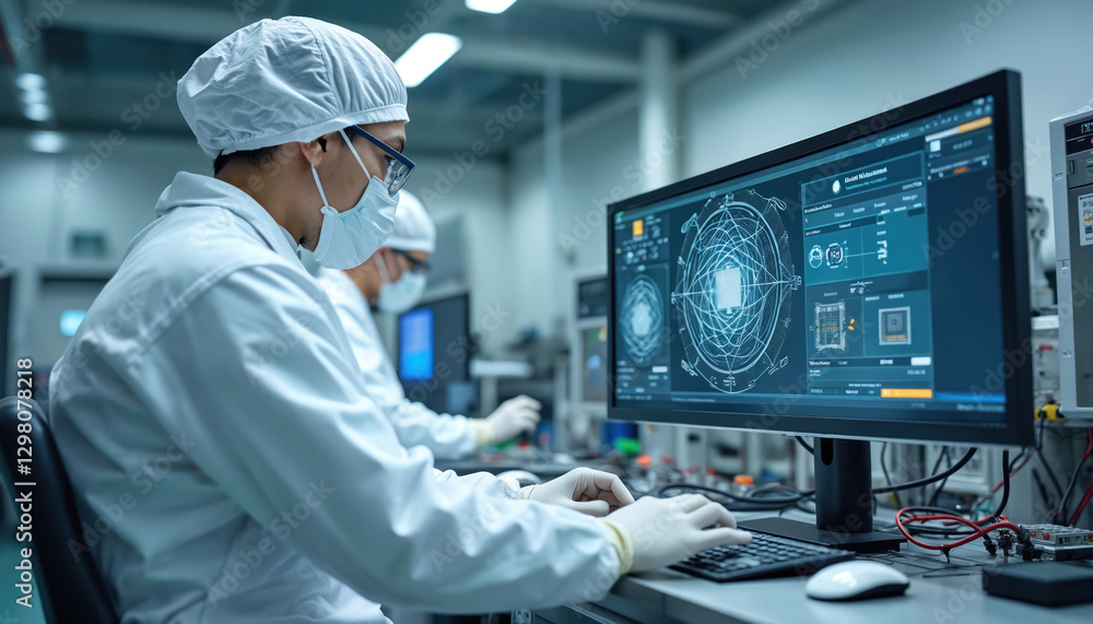 Technicians in cleanroom work on computer. Microchip manufacturing ...