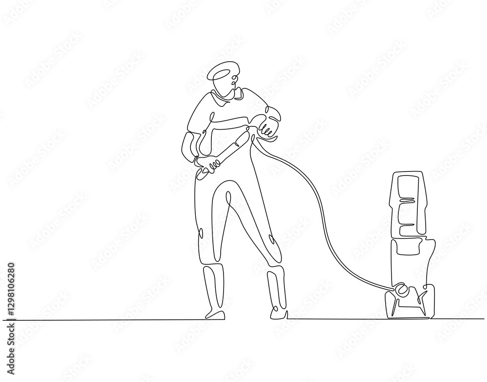 Continuous line drawing of worker use pressure washer machine. Single ...
