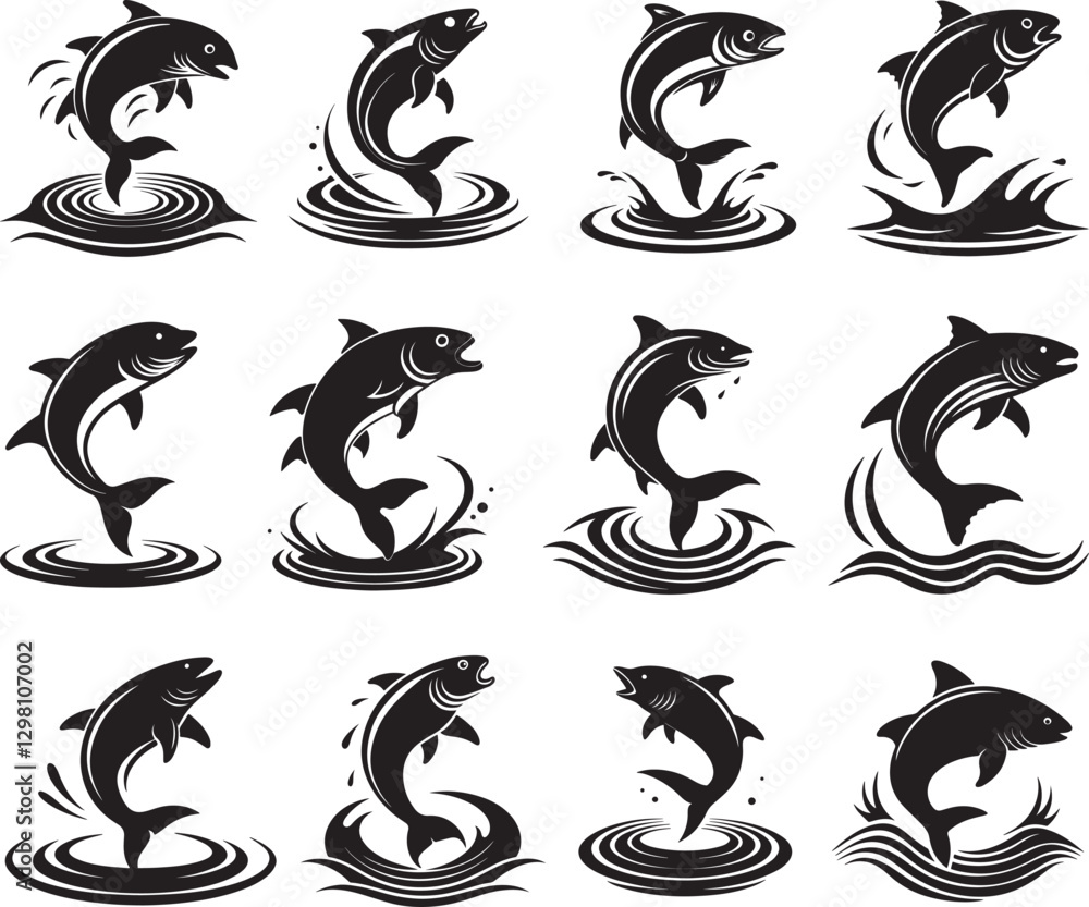 set of fish jumping water ripple silhouette, black and white silhouette ...