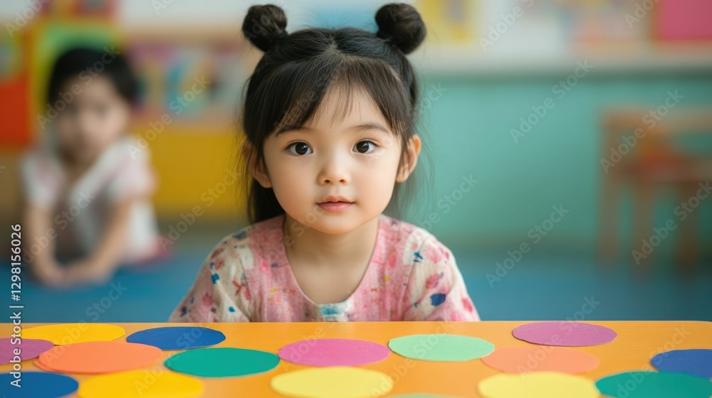 Young children actively engaged in playing a vibrant colorful matching ...