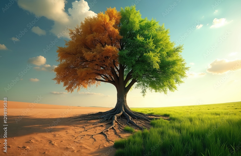 Half dead, half alive tree embodies global warming. One side arid ...