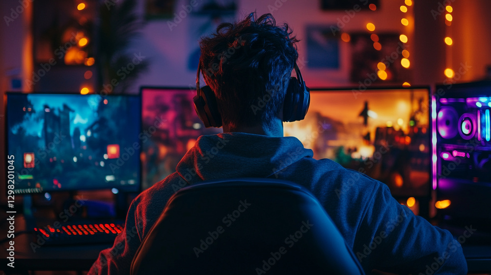 Gamer playing intense video game on powerful pc setup with vibrant ...