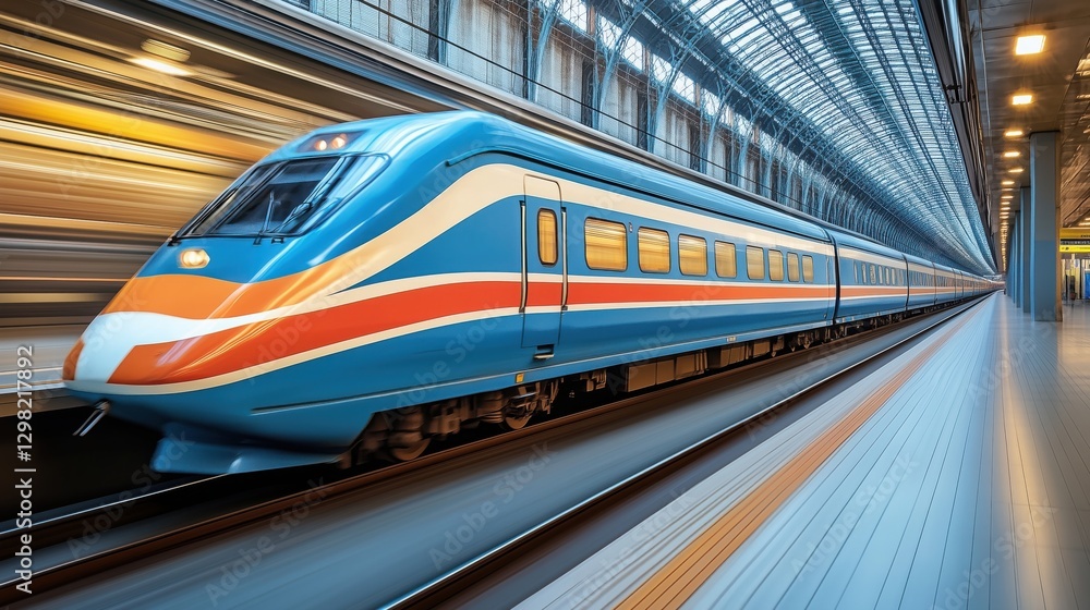 Modern high-speed train departing from the station platform, creating a ...