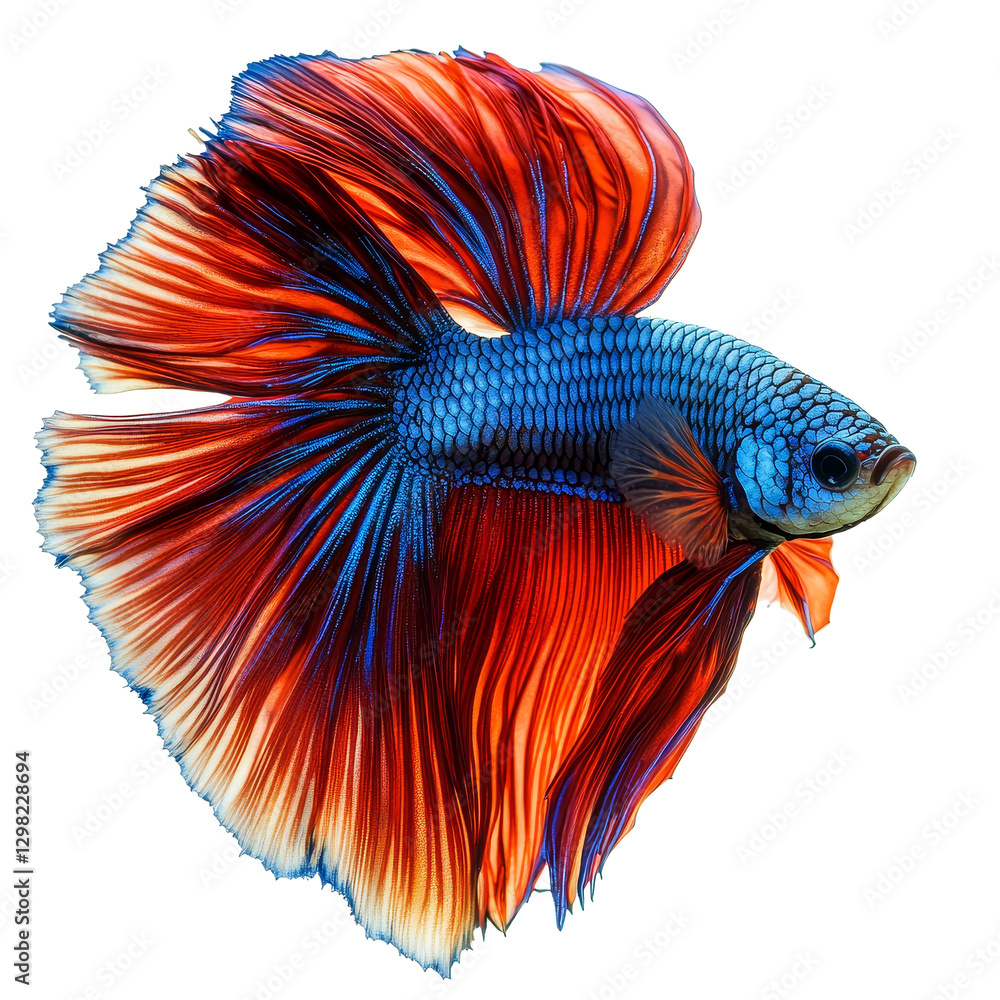 Colorful Betta fish gracefully swimming against a transparent ...