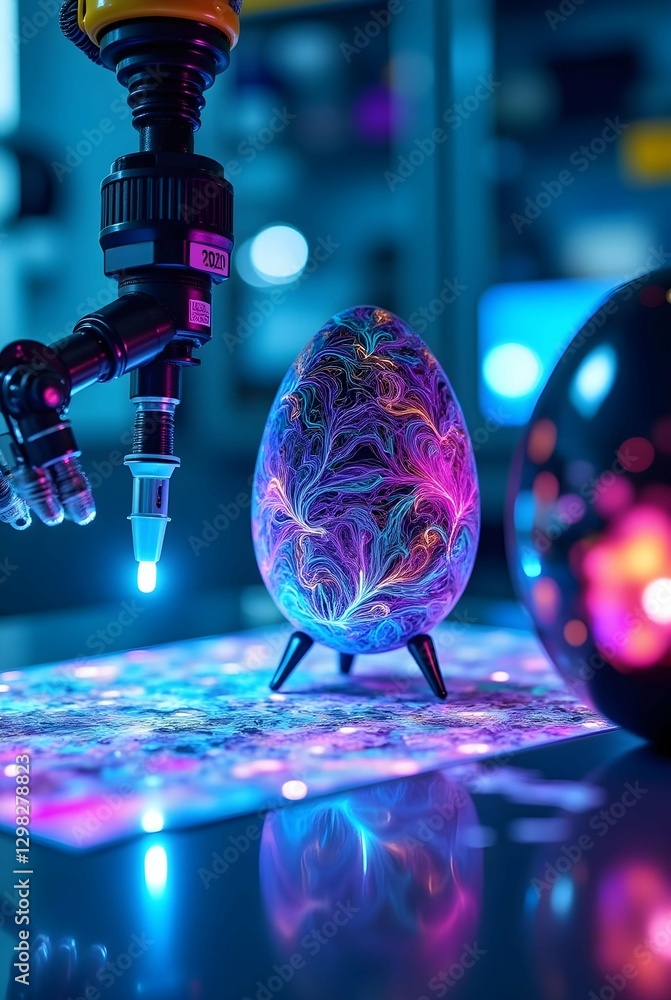 a combination of Easter and technology, A robotic arm works on a ...