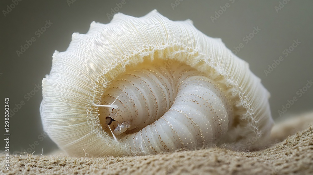Fragile Silkworm spinning its cocoon its soft white body curled up ...