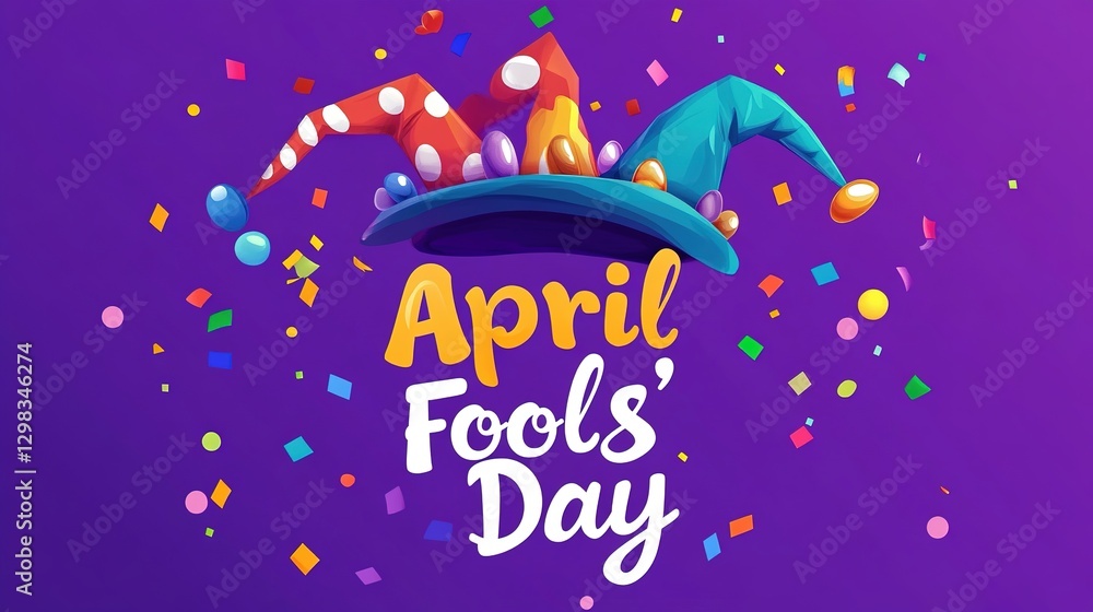 An illustration for April Fools' Day with a vibrant jester hat on a ...