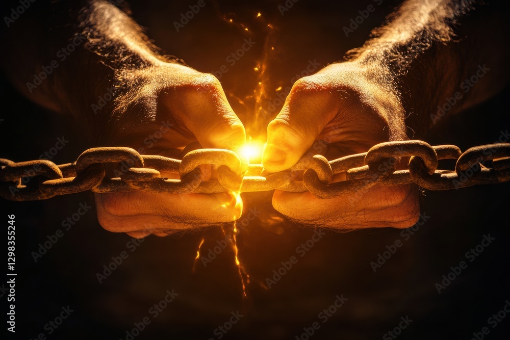 Hands breaking a chain with sparks in a dramatic display of strength ...