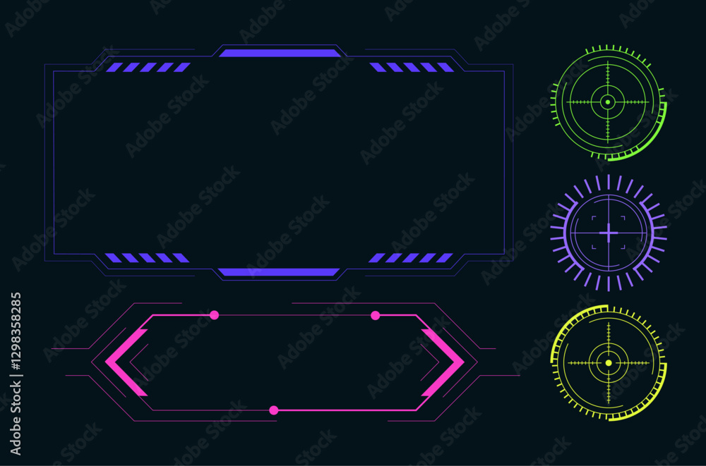 UI digital icons. HUD elements. Neon frame. Video game dashboard ...