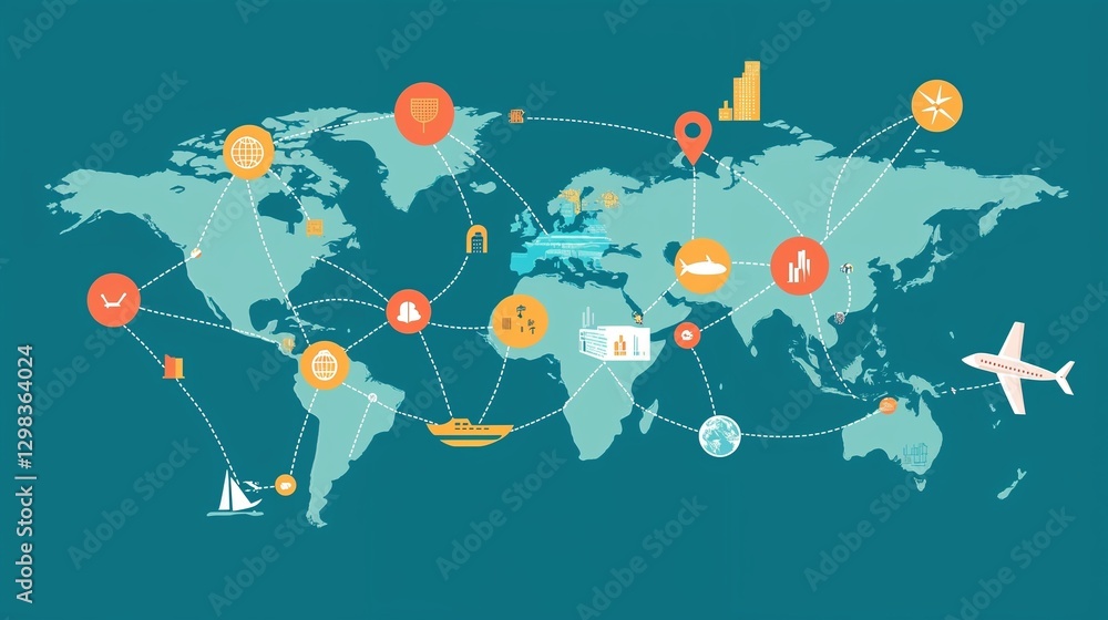 Ilustración de Stock Colorful world map with route lines and travel ...