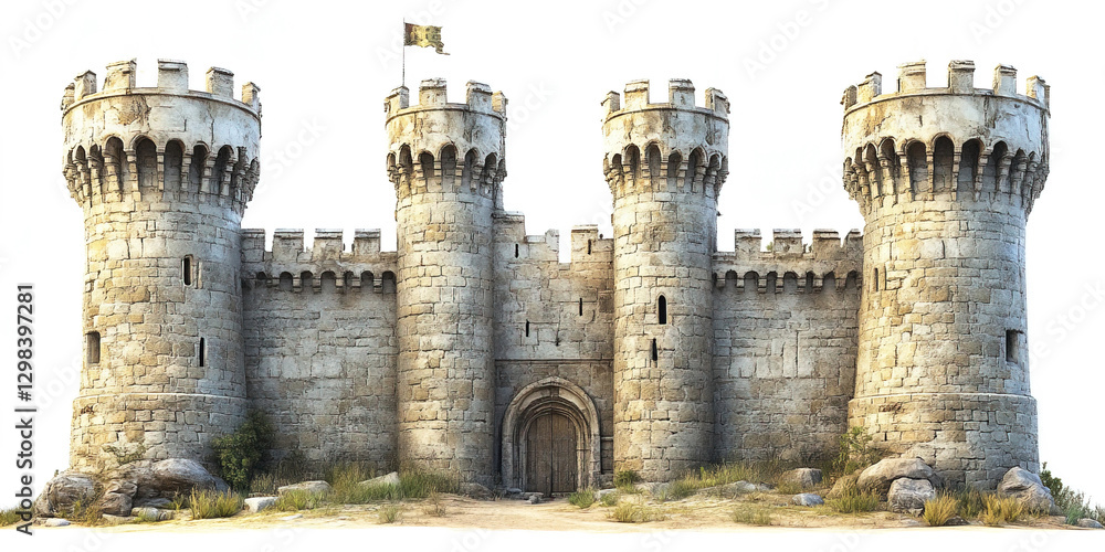Majestic medieval stone wall with fortified towers and strategic ...