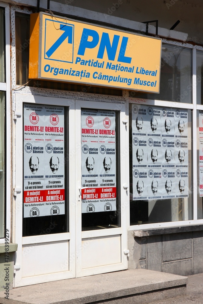 CAMPULUNG, ROMANIA - AUGUST 23, 2012: Office of National Liberal Party ...