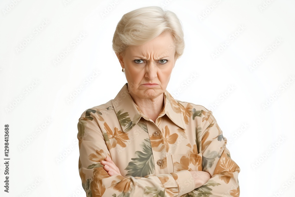 ภาพถ่าย Stock Older woman with short blonde hair frowning and crossing ...