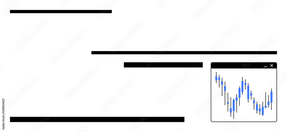 Candlestick chart with blue and white bars inside a window overlapping ...