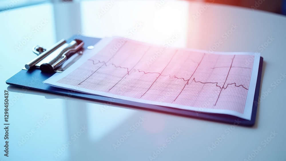 ECG Printout, Vivid ECG printout on metallic clipboard detailed lines ...