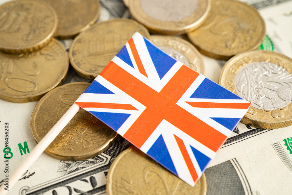 UK United Kingdom flag on coin and banknote money, finance trading ...