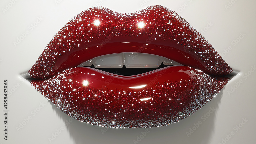Shiny red lips with glittering texture and glossy finish, exuding ...