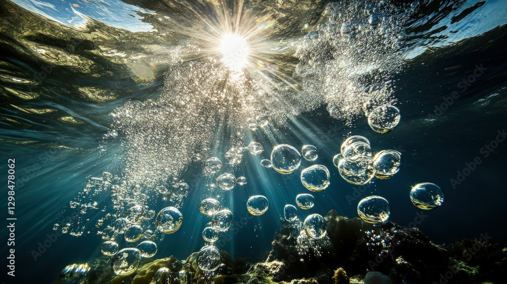 Underwater sunburst, bubbles rising, crystal clear water, sunlight ...