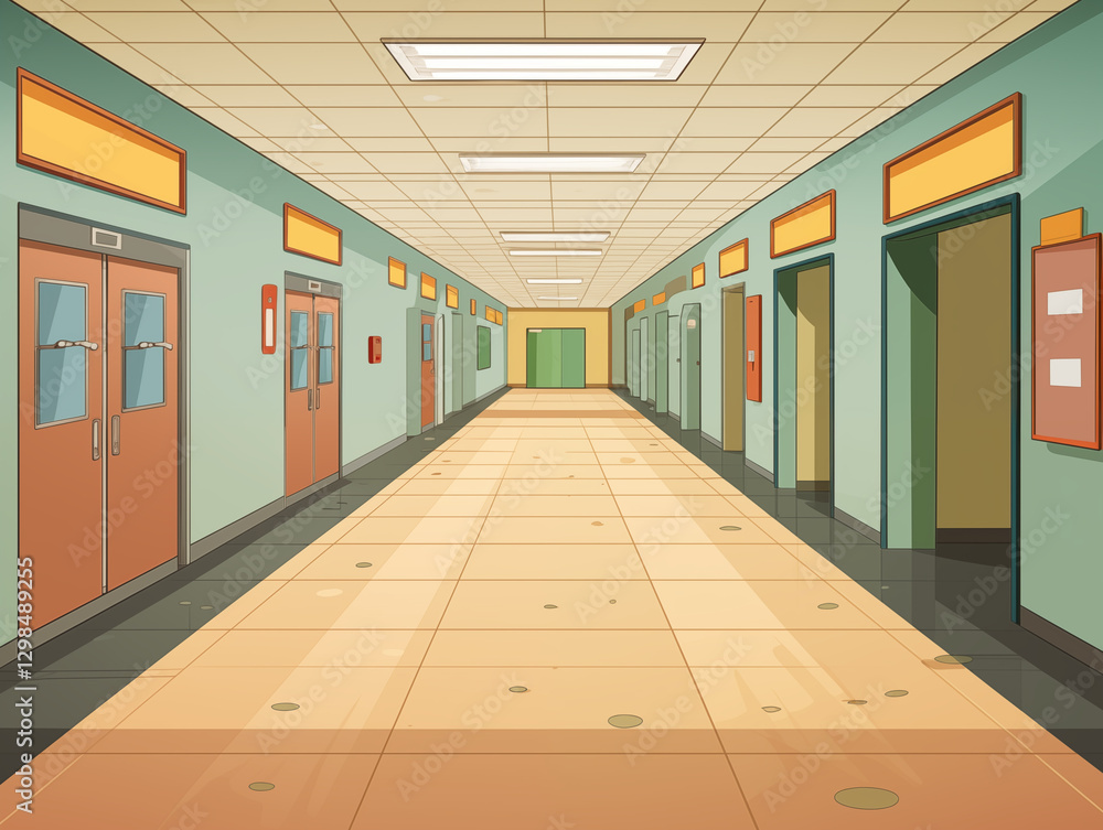 Cartoon empty corridor with doors, front view, color image, printable ...
