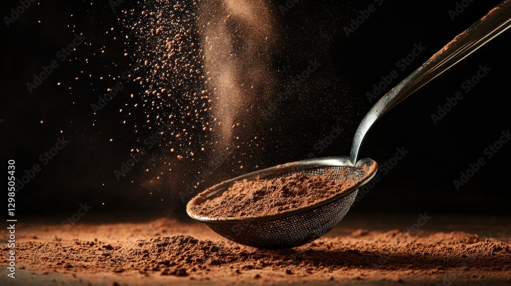 Photo Stock Fine cocoa powder being sifted through a mesh strainer in a ...