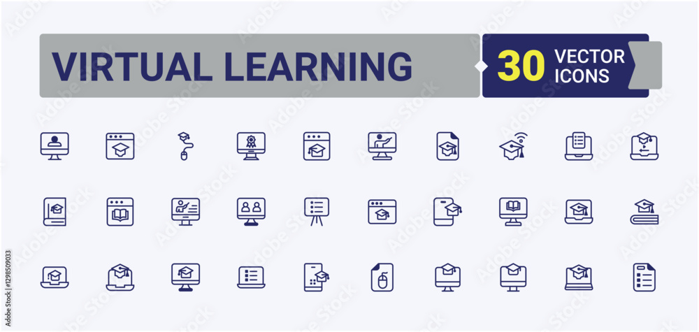 Set of Virtual Learning line icons. Included icons as learning ...