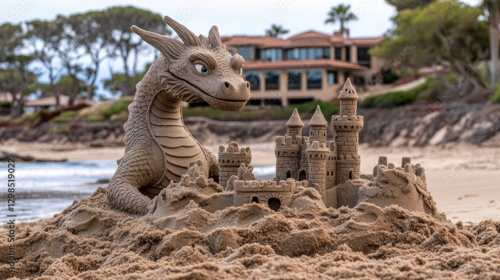 Sandcastle dragon on a beach near oceanfront homes. A magnificent sand ...