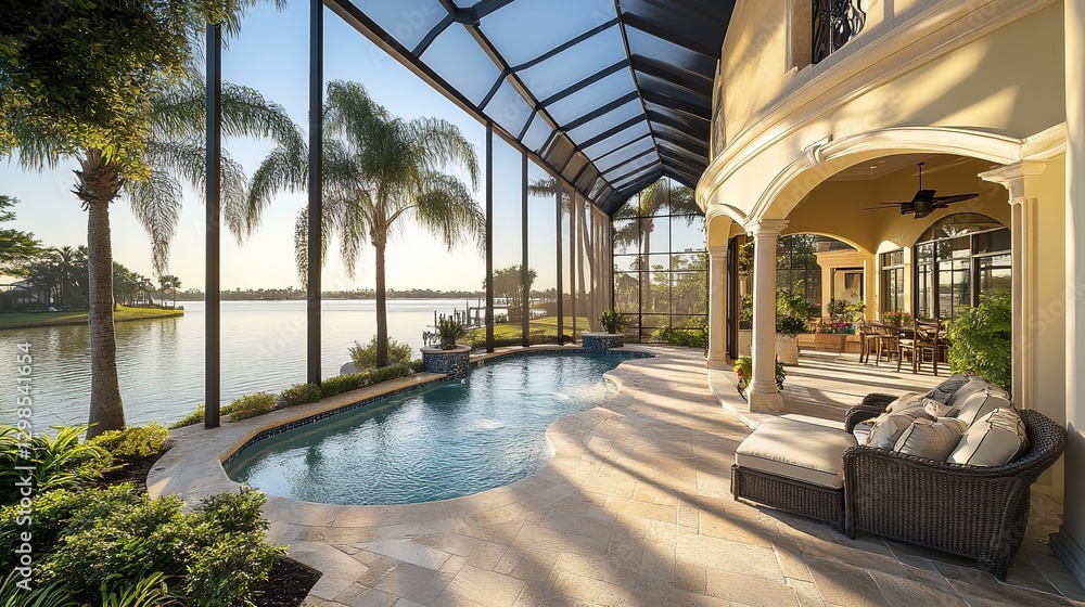 Florida luxury mansion lanai patio on the waterfront with screened in ...