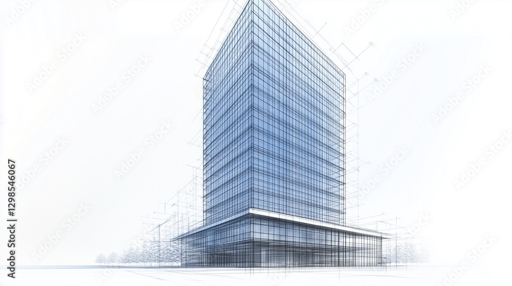 Full-view high-rise skyscraper architectural rendering, displayed in an innovative blueprint ...