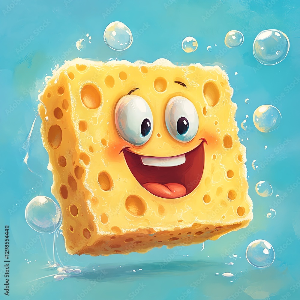 A cheerful, cartoon sponge character with big eyes and a wide smile ...