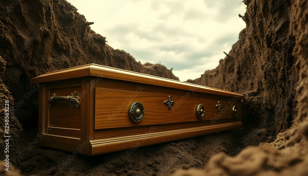 Wooden coffin in freshly dug grave with decorative metal elements Stock ...